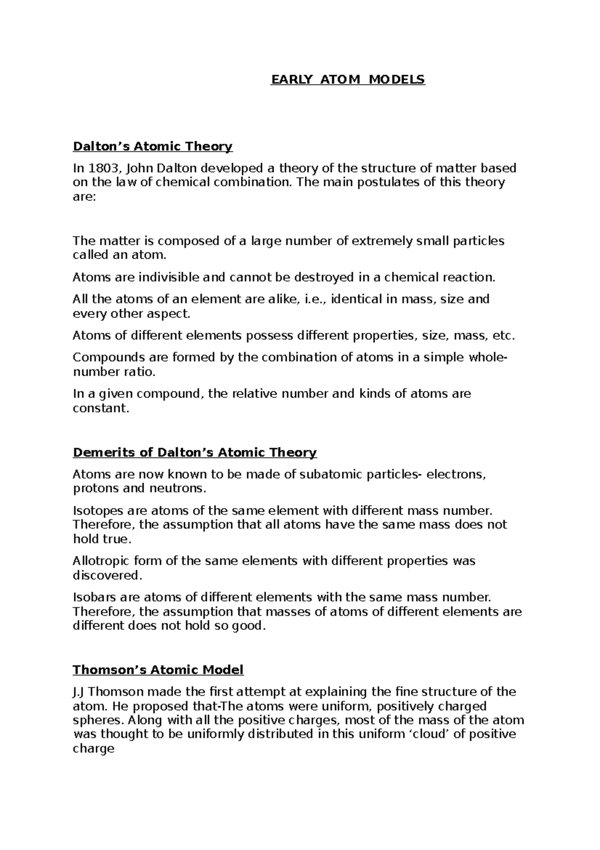 Early ATOM Models - EARLY ATOM MODELS Dalton’s Atomic Theory In 1803 ...