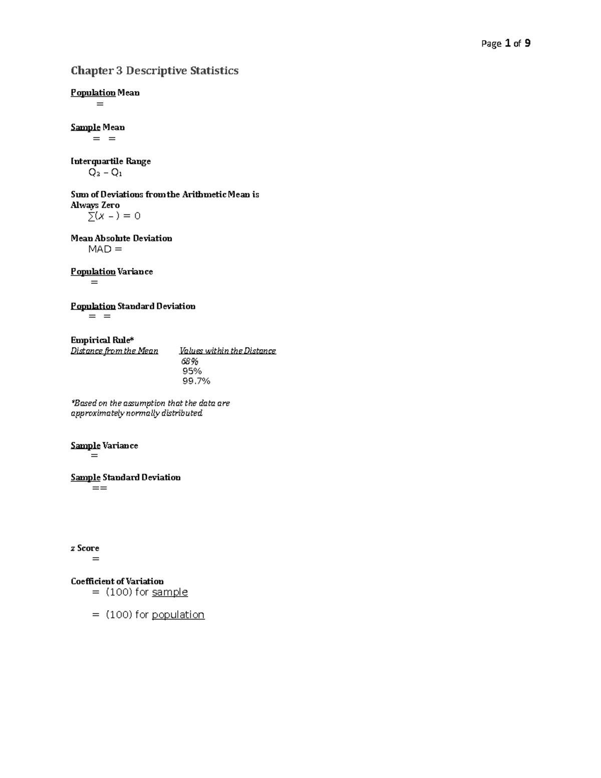 Bu255 formula - Chapter 3 Descriptive Statistics Population Mean = Sample Mean = = Interquartile ...