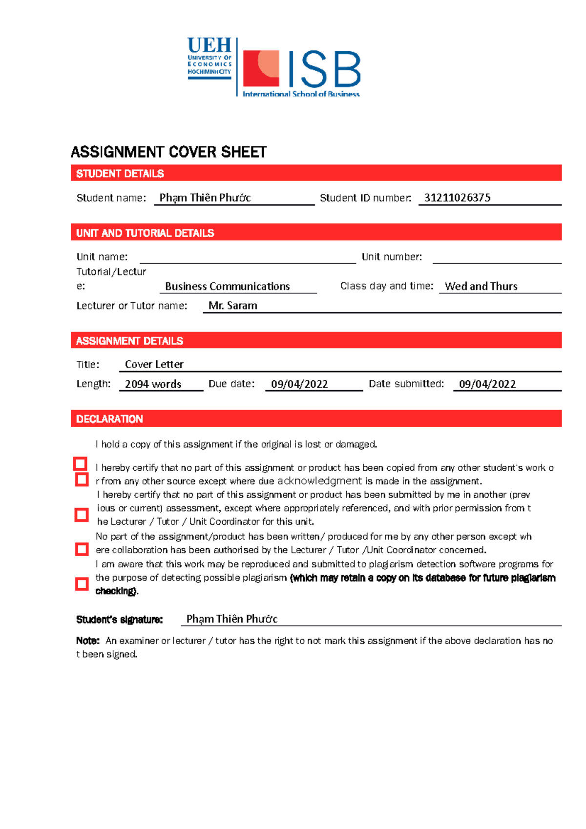A3 31211026375 BC - ASSIGNMENT COVER SHEET STUDENT DETAILS Student name ...