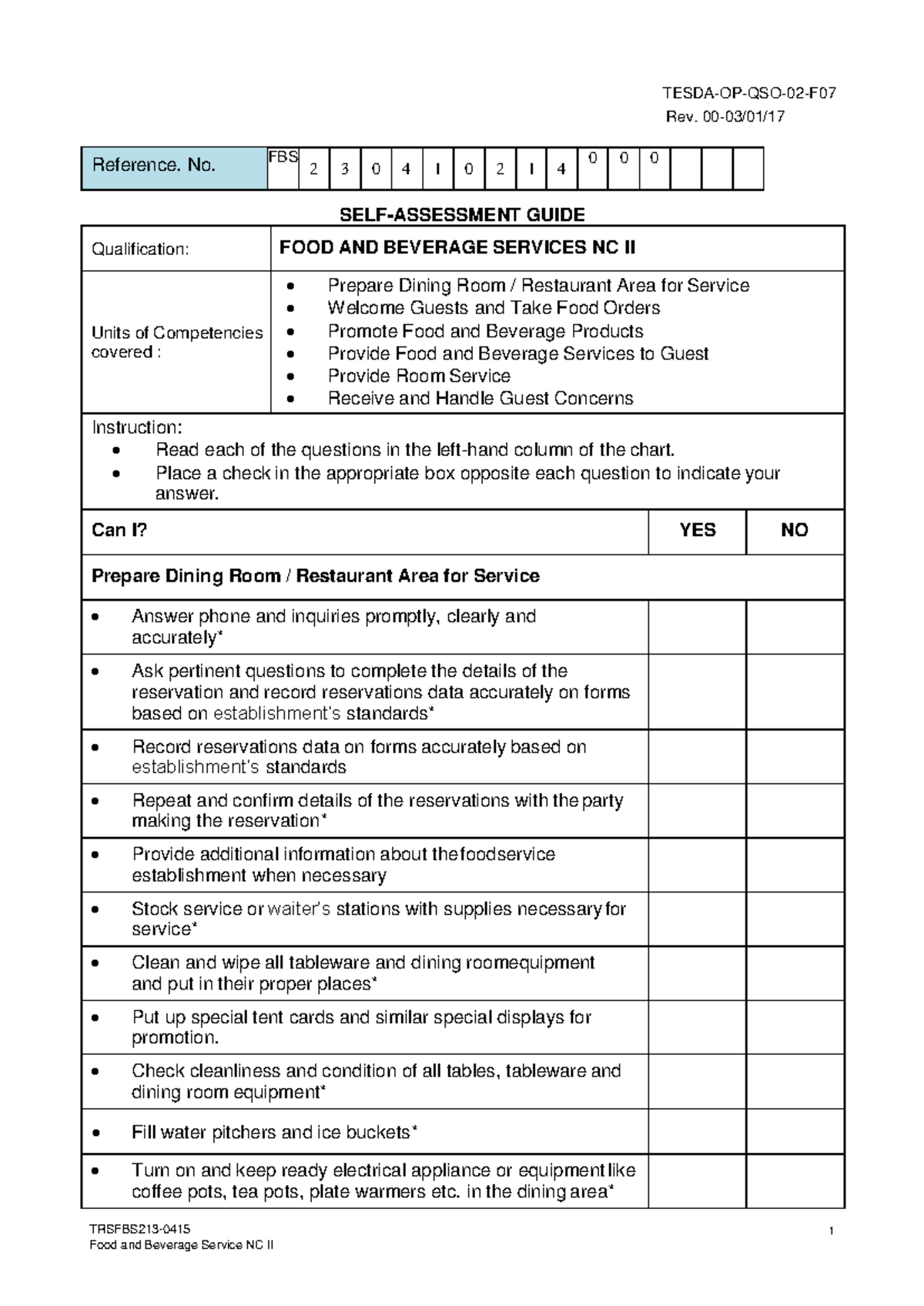 FBS NC II Self Assessment Guide 2023 - TRSFBS213- 0415 1 TESDA-OP-QSO ...