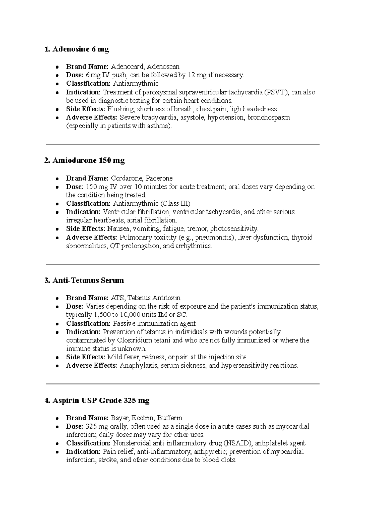 MEDICINE SUMMARY NOTES - 1. Adenosine 6 mg Brand Name: Adenocard ...