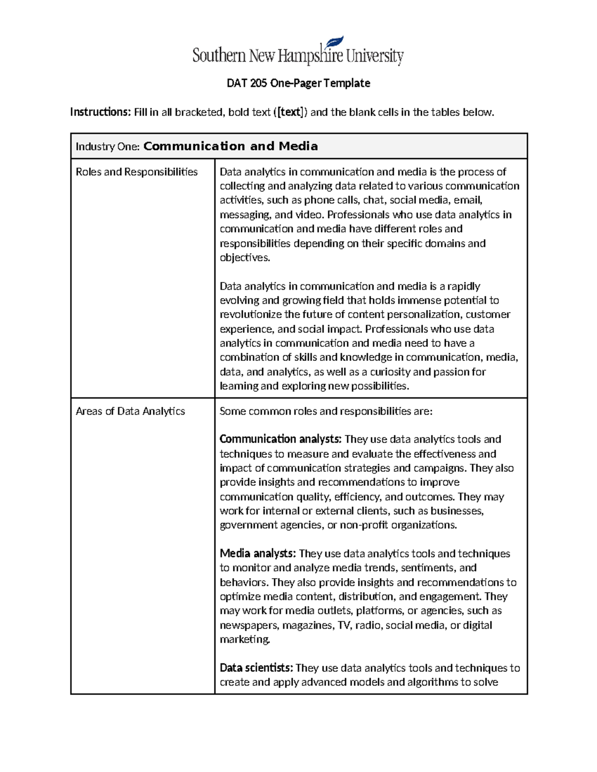 DAT 205 One-Pager Template - DAT 205 One-Pager Template Instructions ...
