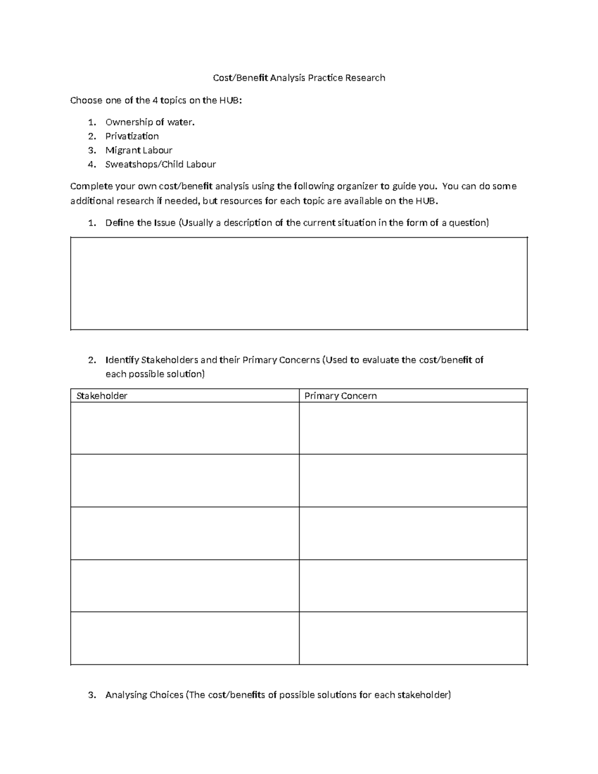 Cost Benefit Worksheet Cost Benefit Analysis Practice Research Choose