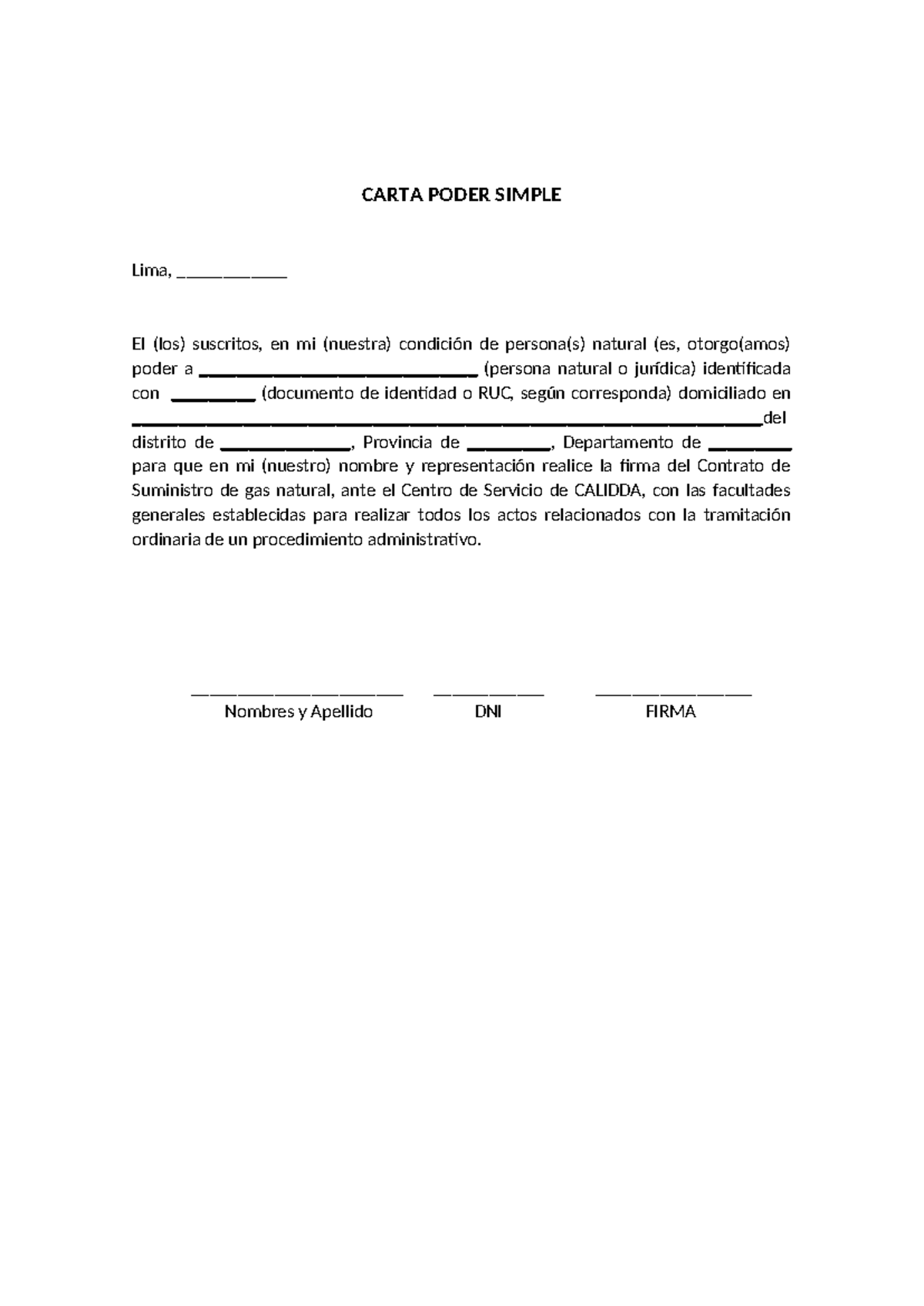 Carta Poder Simple - calidda - CARTA PODER SIMPLE Lima, ____________ El ...