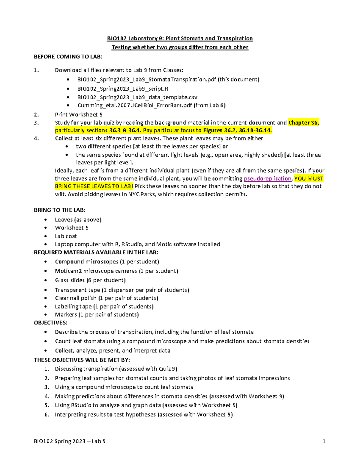 BIO102 Spring 2023 Lab9 Stomata Transpiration - BIO102 Laboratory 9 ...