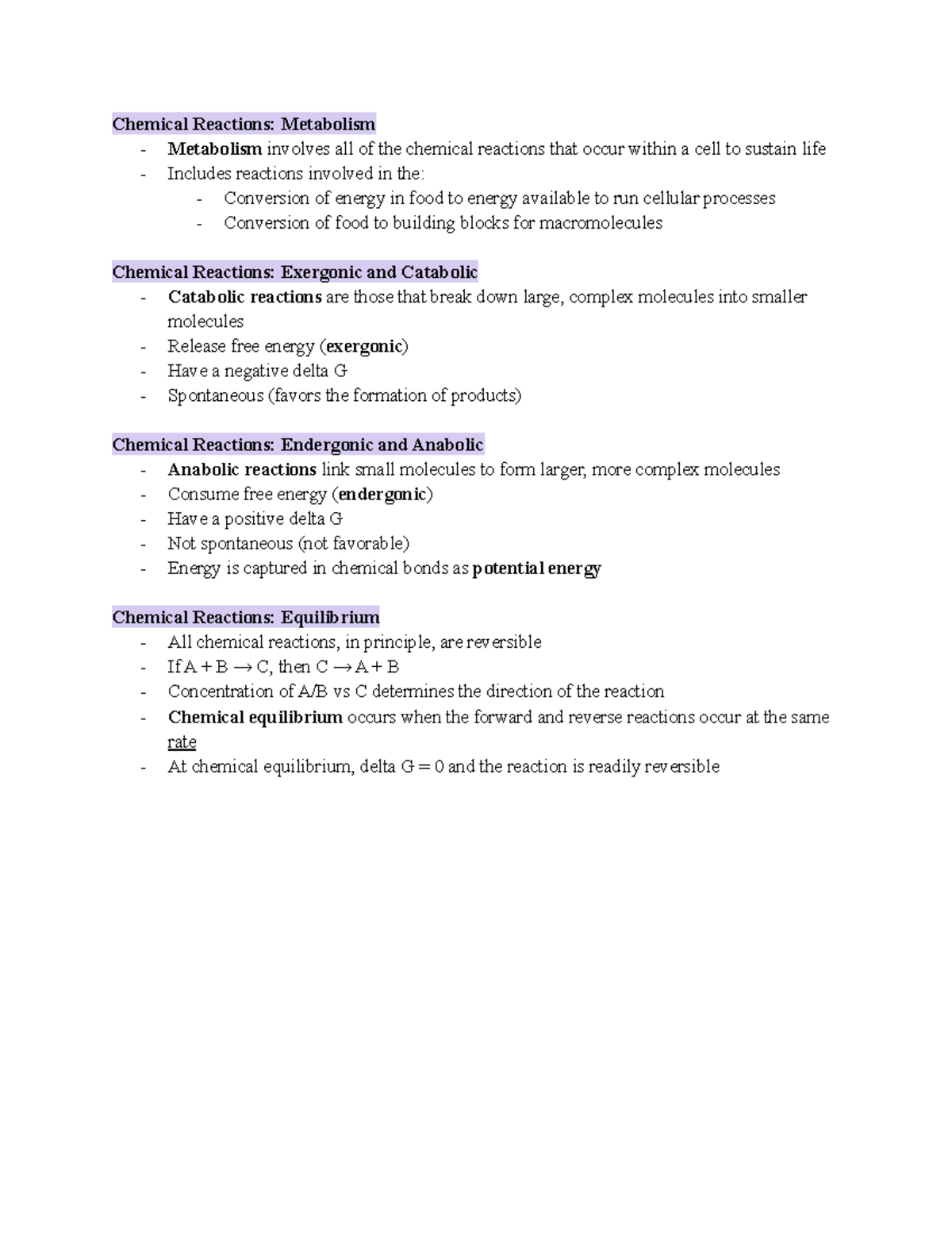 Bio 151, chemical reactions - Chemical Reactions: Metabolism ...