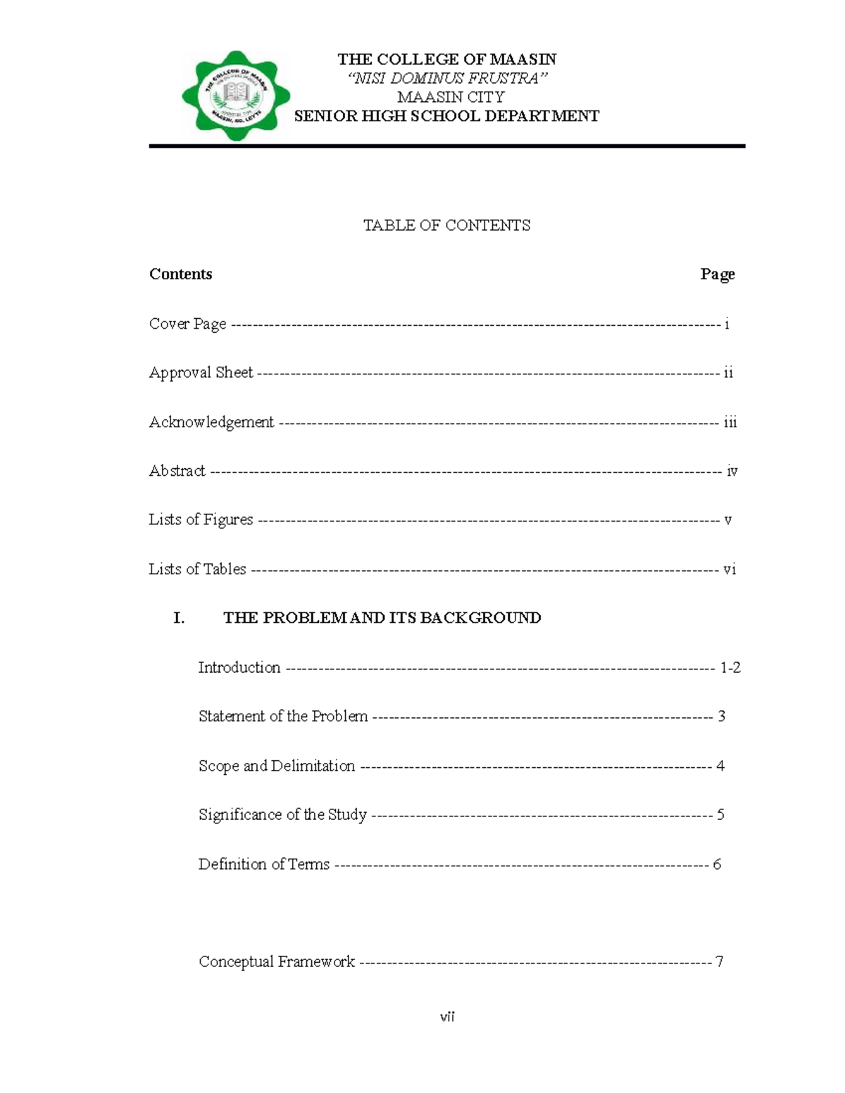 Table OF Contents - practical research - THE COLLEGE OF MAASIN “NISI ...