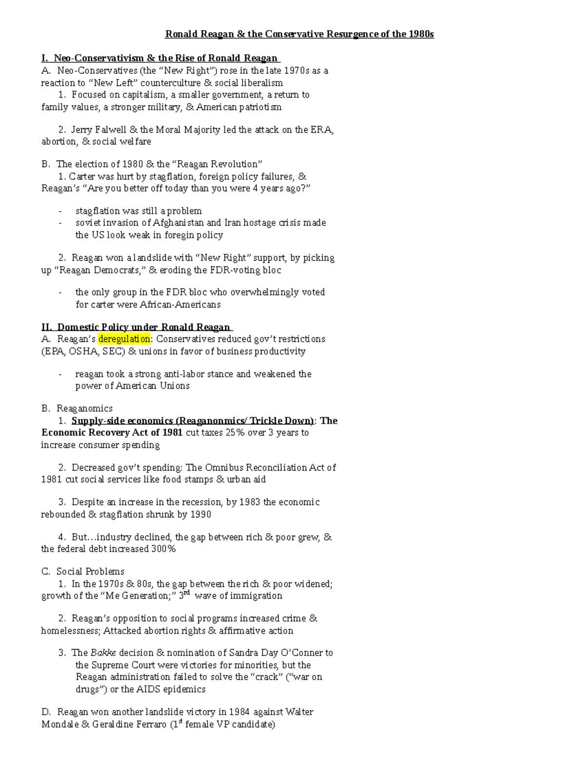 Copy of Reagan Bush Notes - Ronald Reagan & the Conservative Resurgence ...