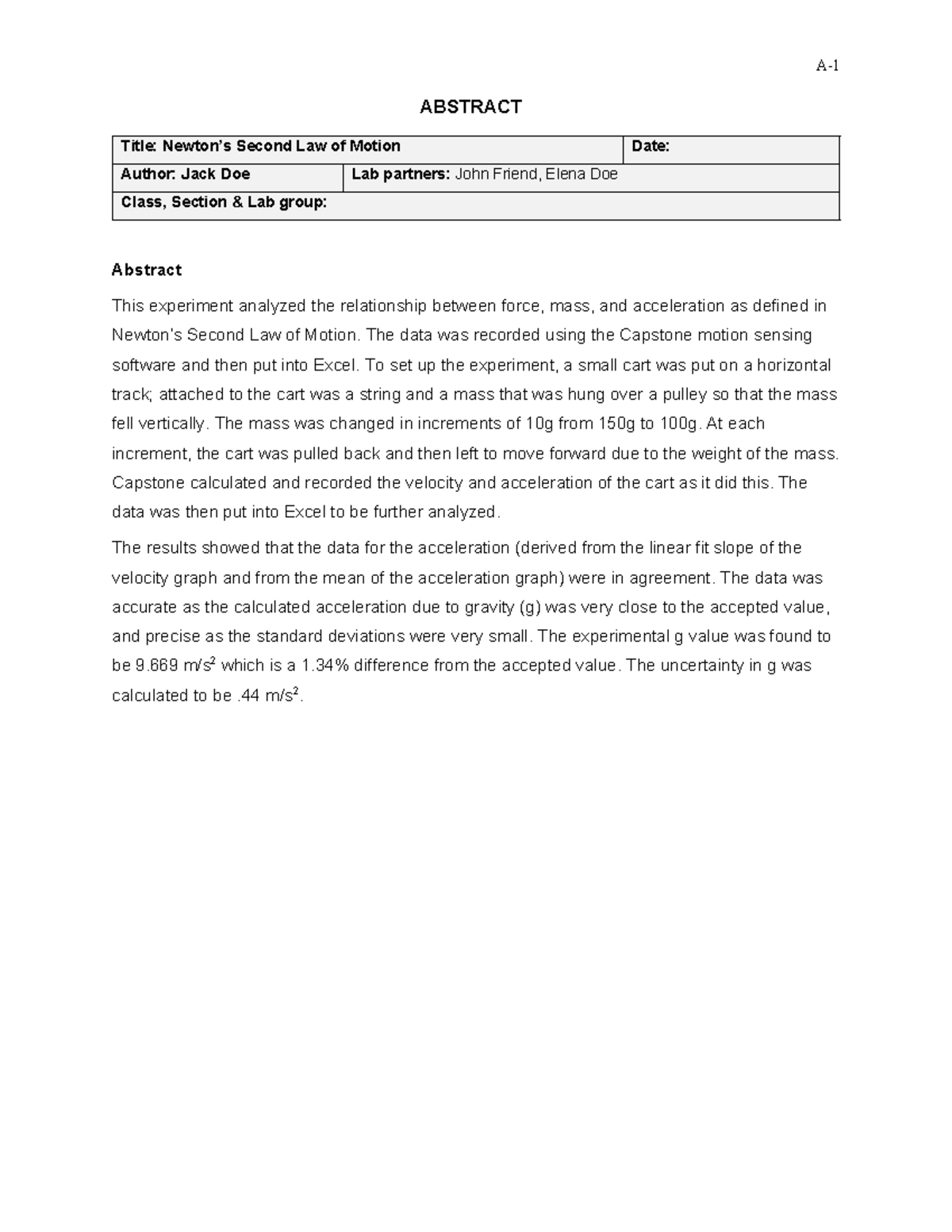 Abstract sample - A- 1 ABSTRACT Title: Newton’s Second Law of Motion ...