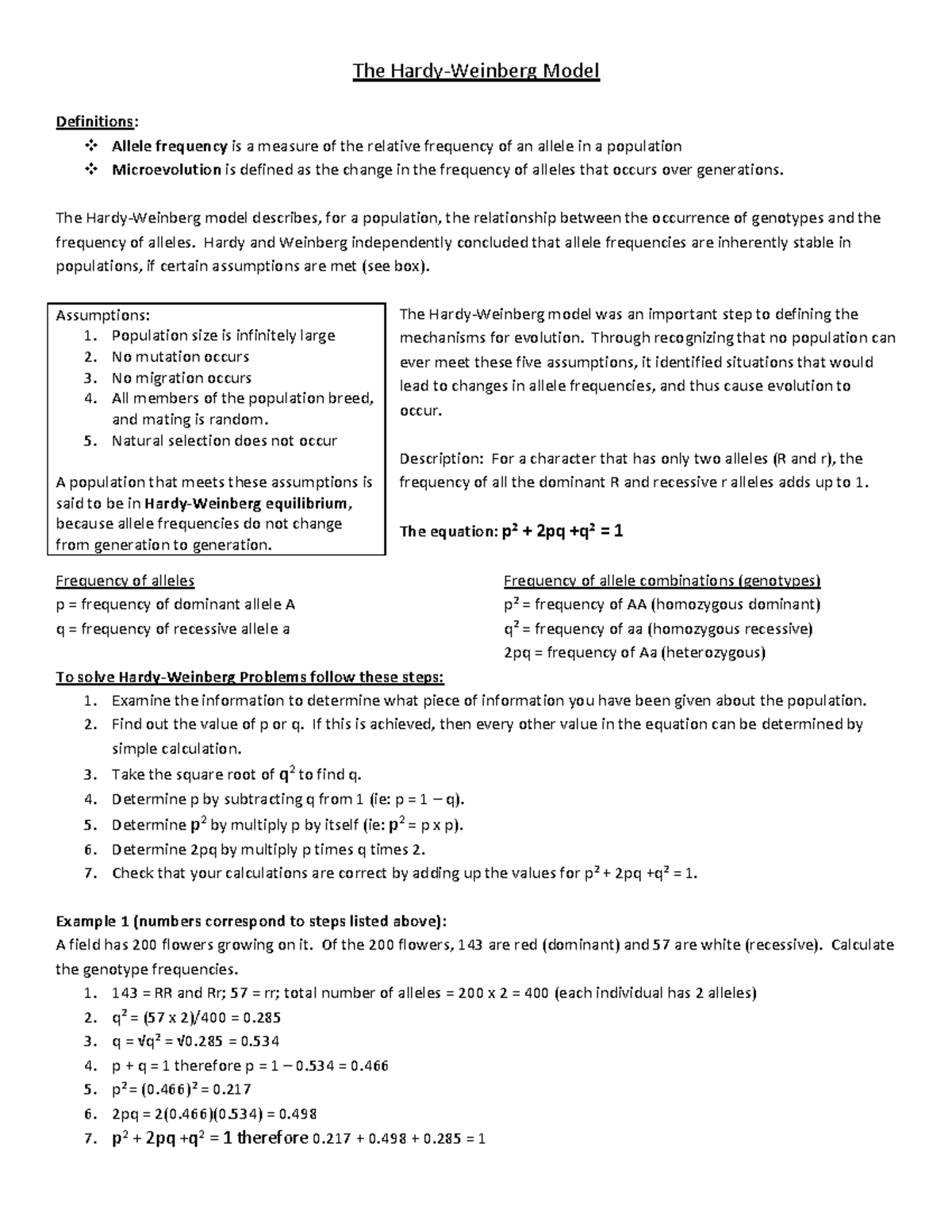 WKST+Hardy-Weinberg+Practice+Problems - The Hardy-Weinberg Model ...