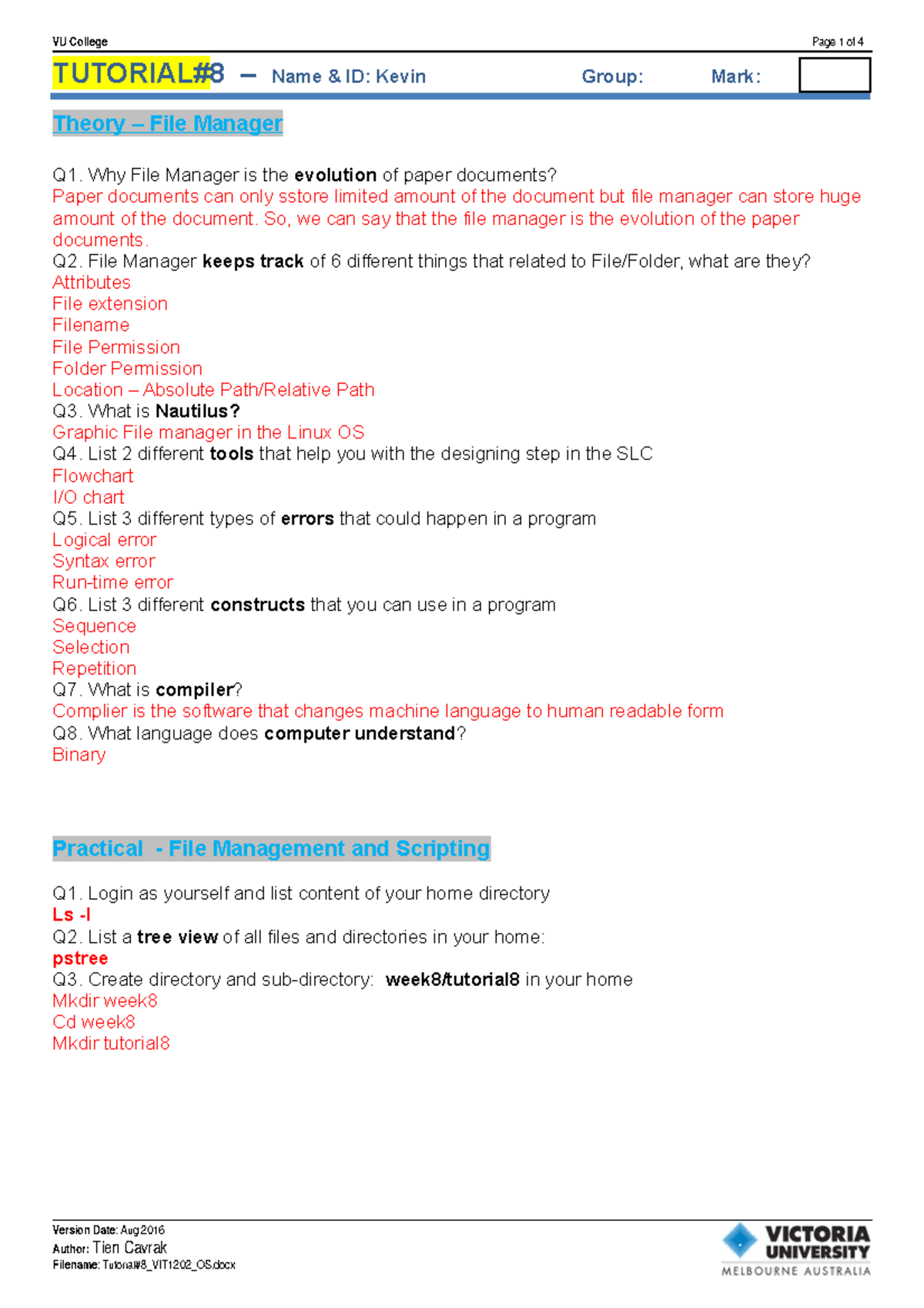 Kevin tutorial 8 - TUTORIAL#8 – Name & ID: Kevin Group: Mark: Theory ...