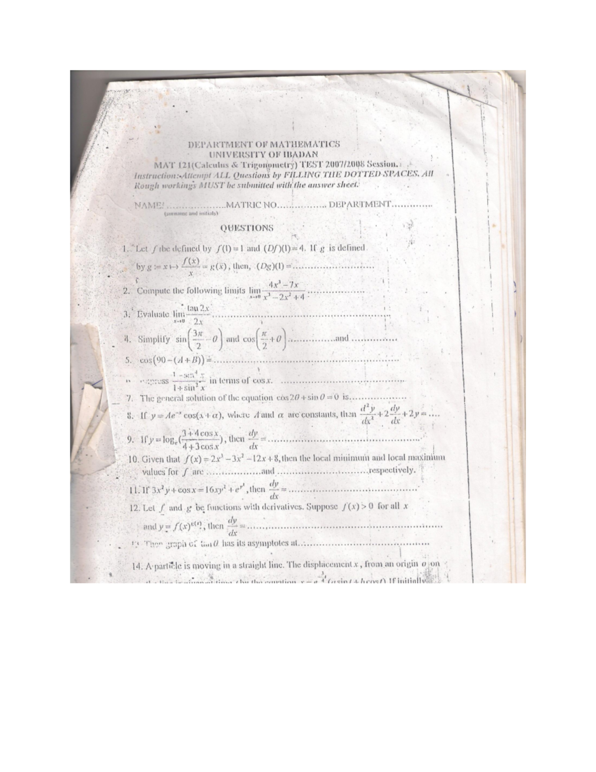 MAT 121 (TEST) 2007-2010 - Mathematics - Studocu