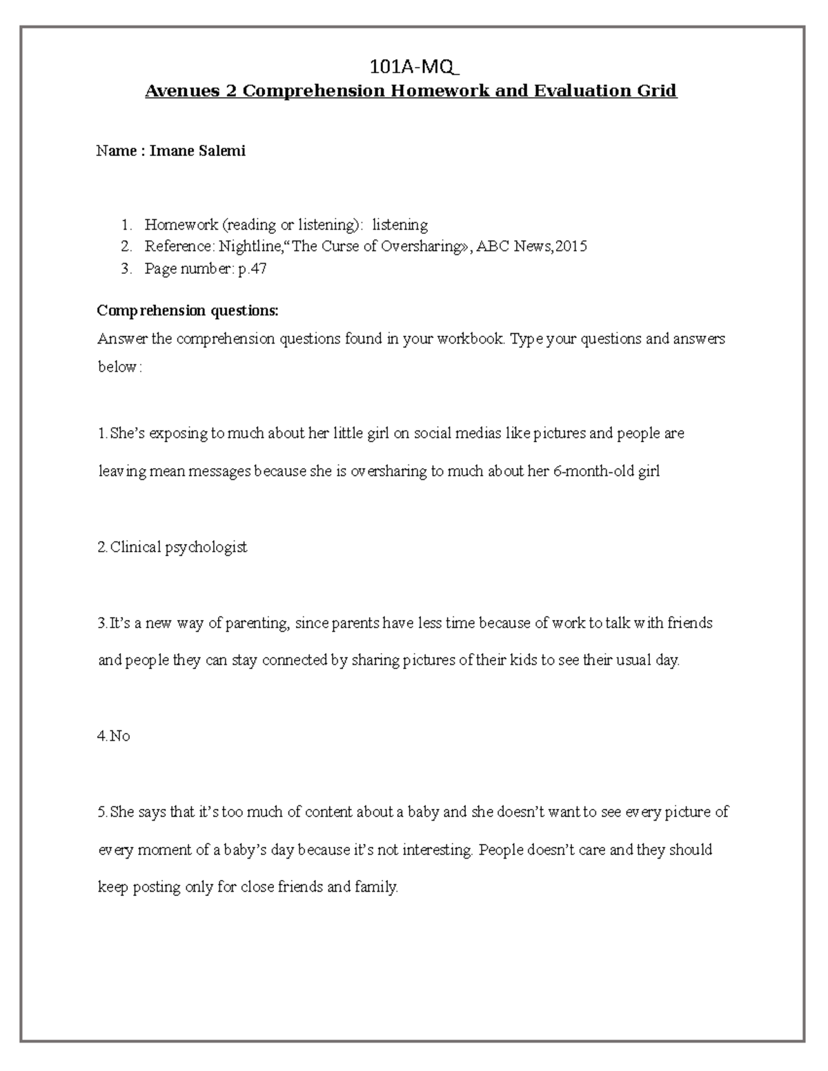 20230929124711 devoir 3 - Avenues 2 Comprehension Homework and ...