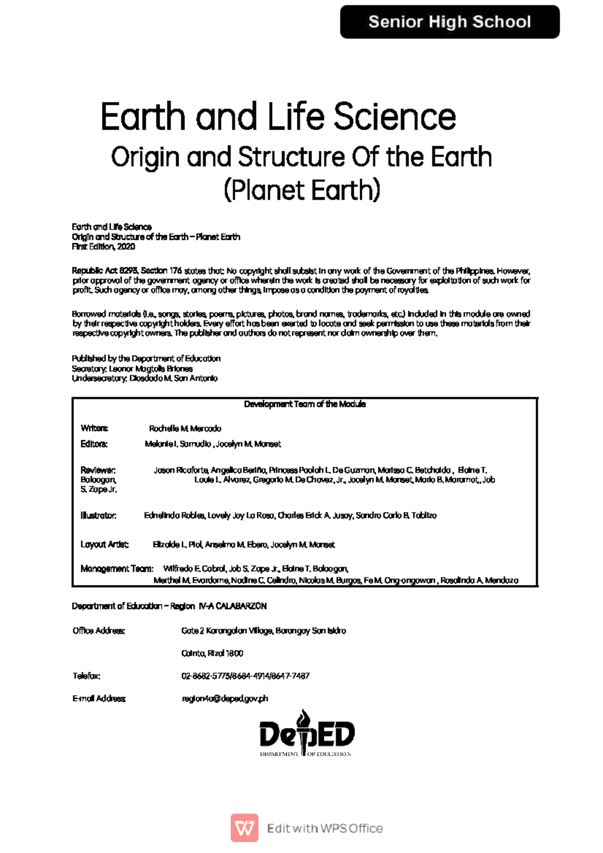 Earth and Life Science Module 1 - Earth and Life Science Origin and ...