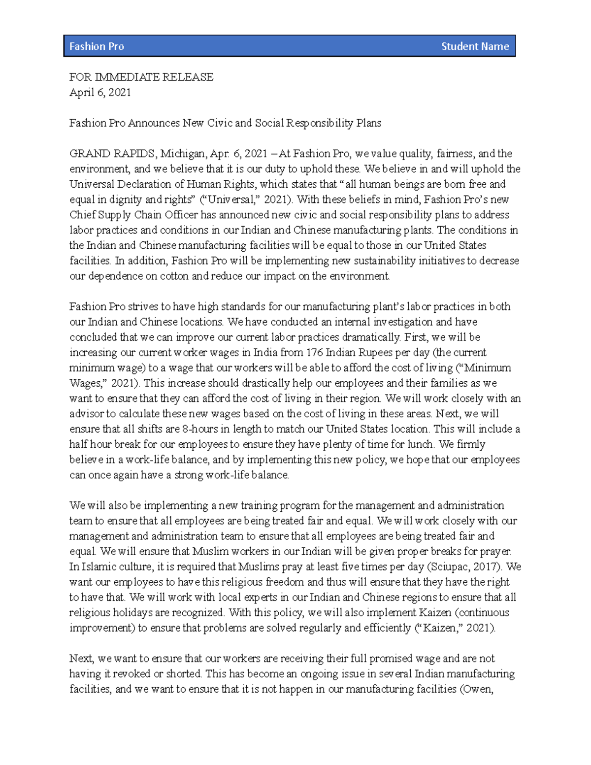 Press Release - Fashion Pro Student Name FOR IMMEDIATE RELEASE April 6 ...