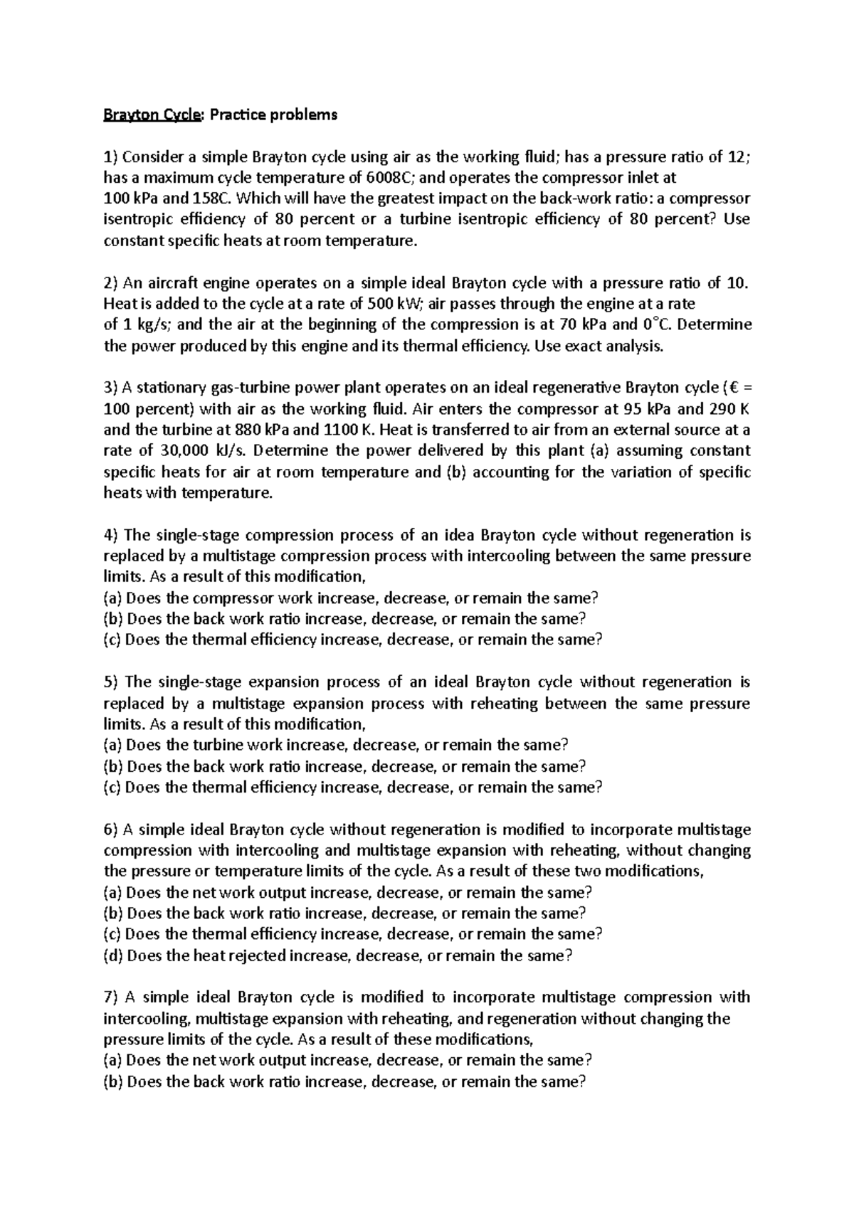 Brayton Cycle practice problems - Brayton Cycle: Practice problems ...