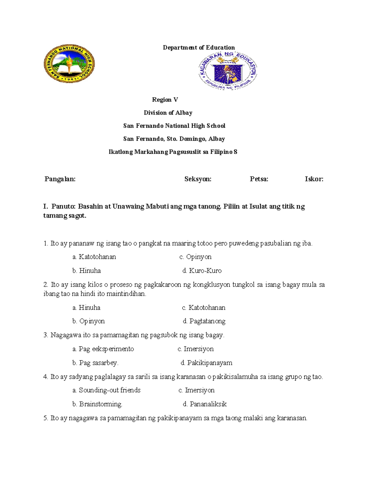 LP. Front page - Exam - Department of Education Region V Division of ...