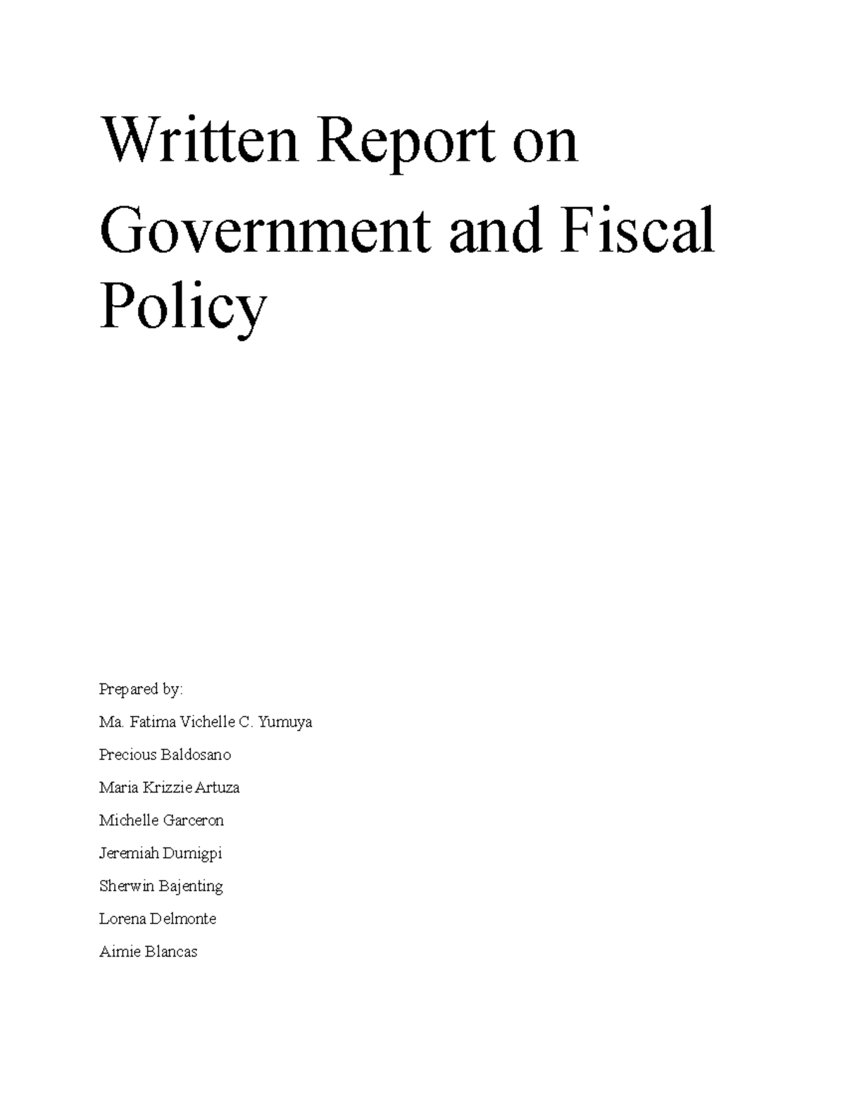 Written Report Econ - Professor Aileen Camba - Written Report on ...