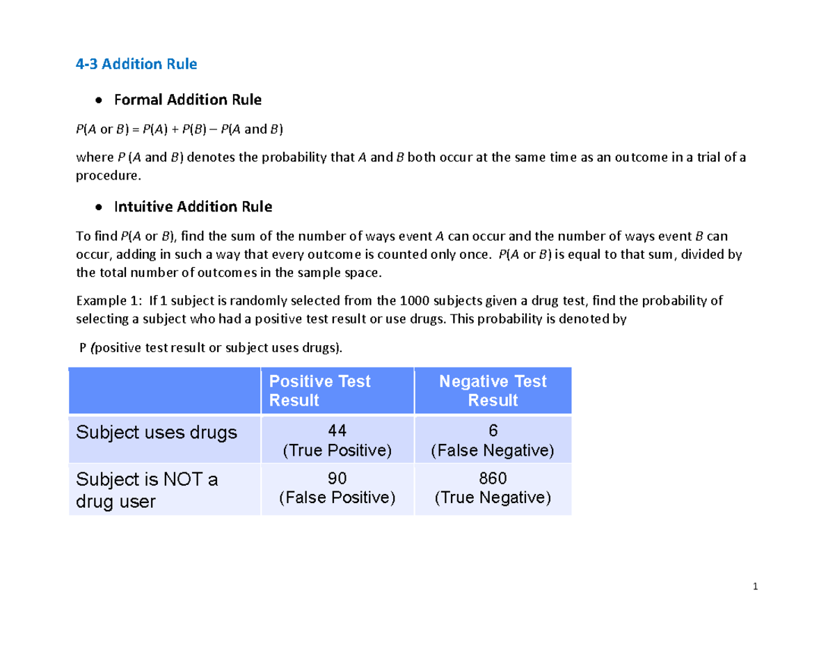 4-2 Addition Rule Handout - 4 - 3 Addition Rule • Formal Addition Rule ...