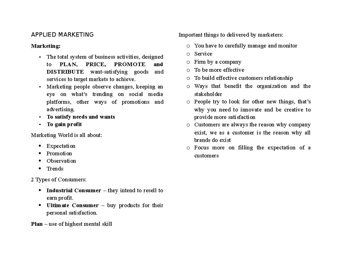 Applied-Marketing-Notes - APPLIED MARKETING Marketing: The total system ...
