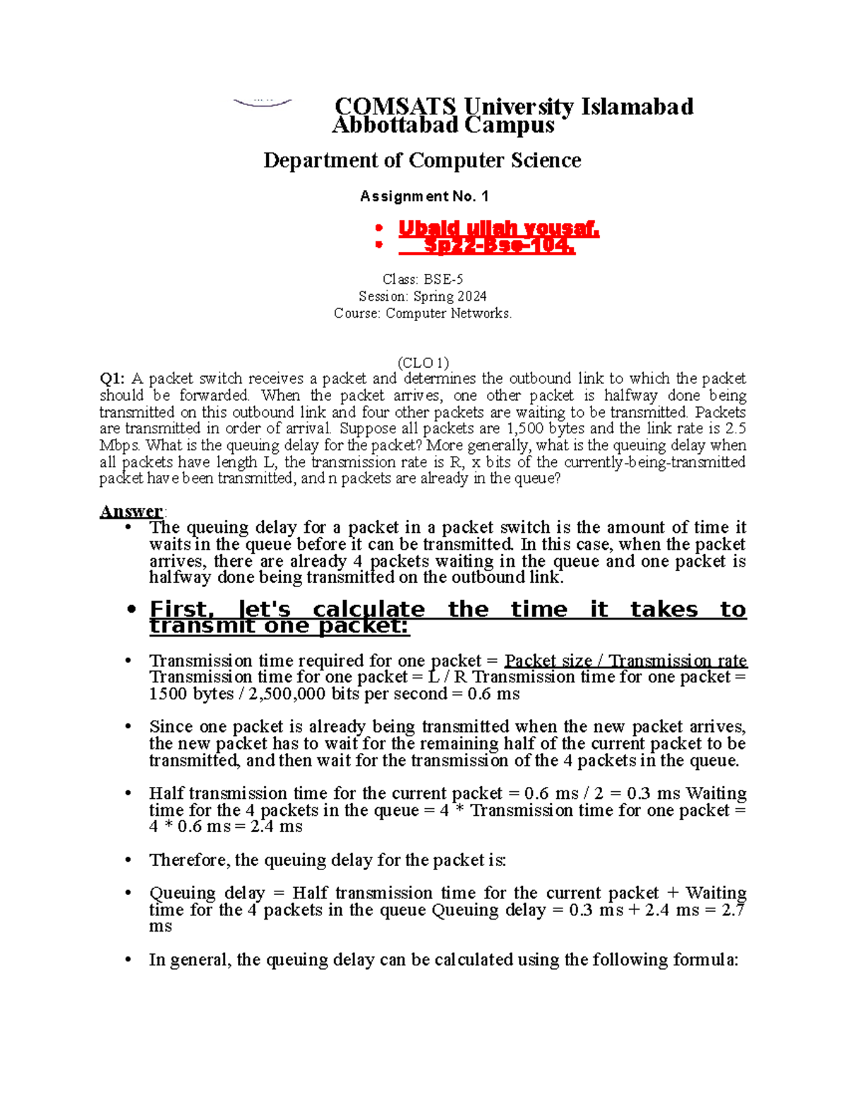 CN Assignment 1 - COMSATS University Islamabad Abbottabad Campus ...