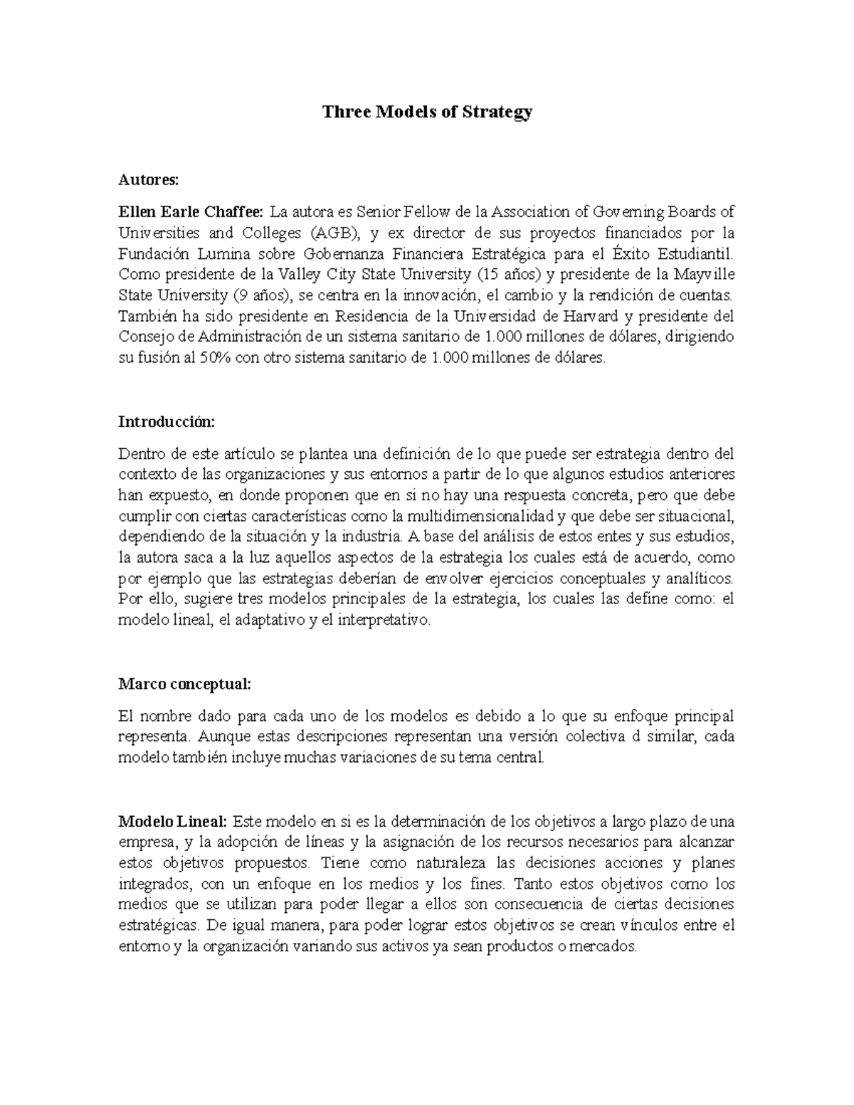 Reseña 1 - Three Models of Strategy Autores: Ellen Earle Chaffee: La ...
