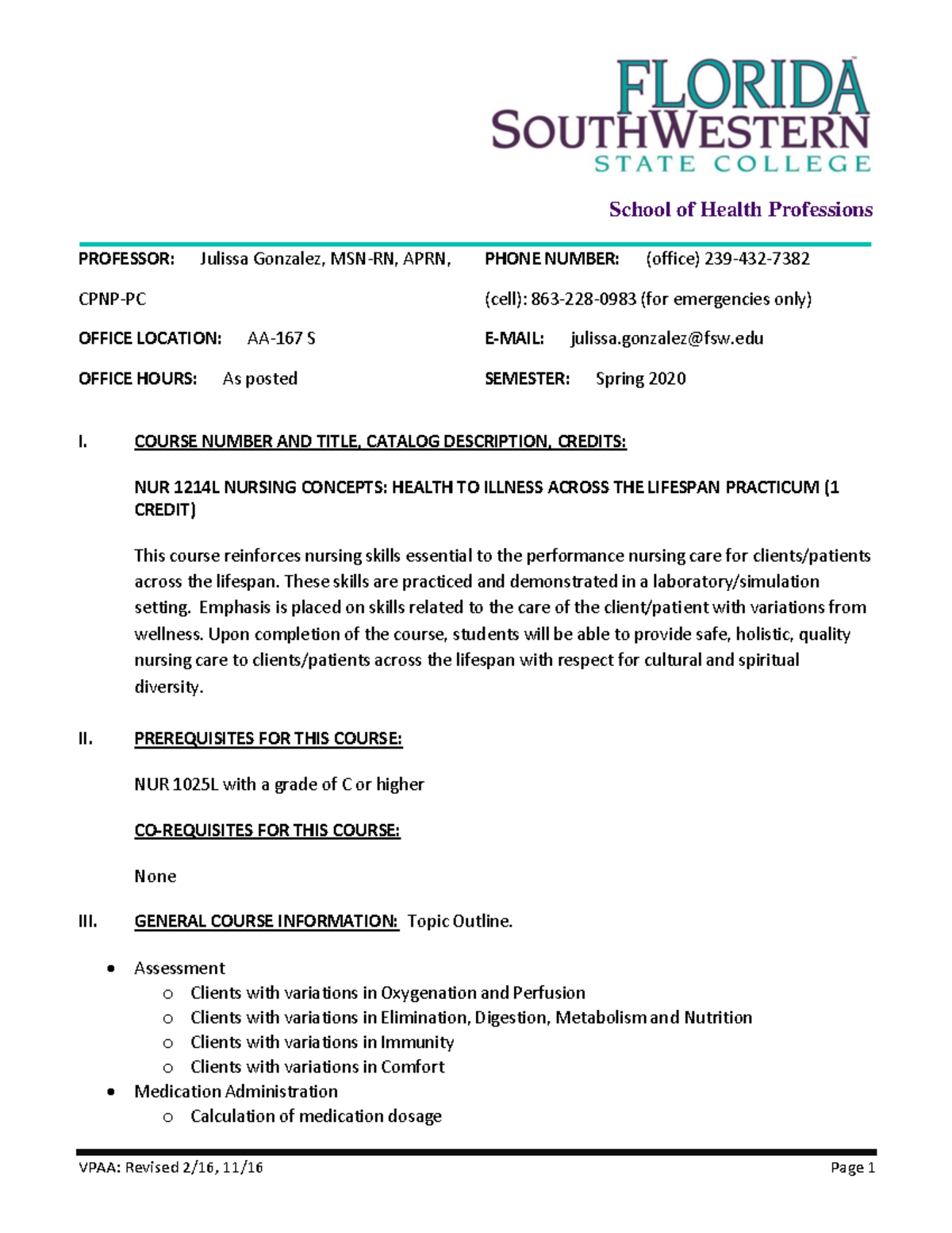NUR 1214L Practicum Spring 2020 Syllabus JGonzalez - Warning: TT: undefined function: 32 Warning ...