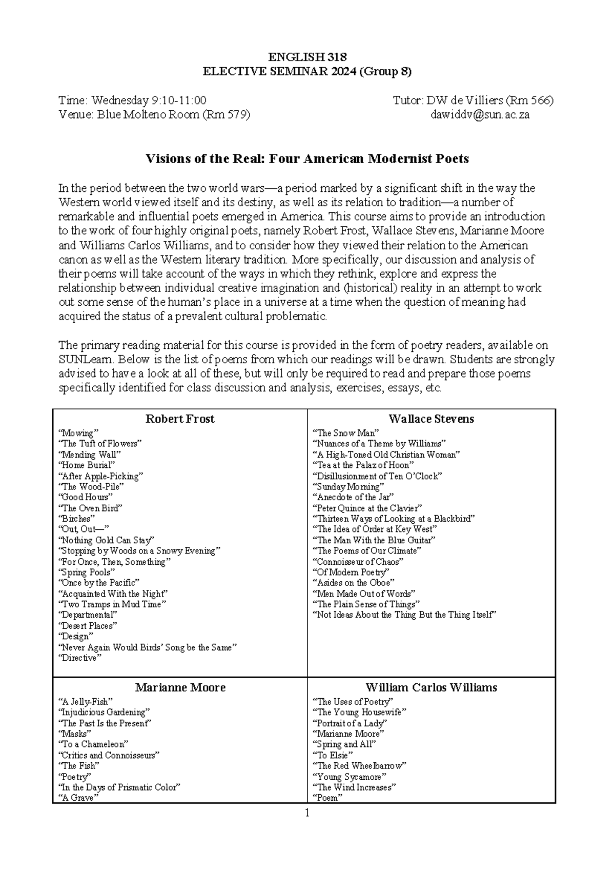 318 Visions of the Real (handout 2024) - ENGLISH 318 ELECTIVE SEMINAR ...