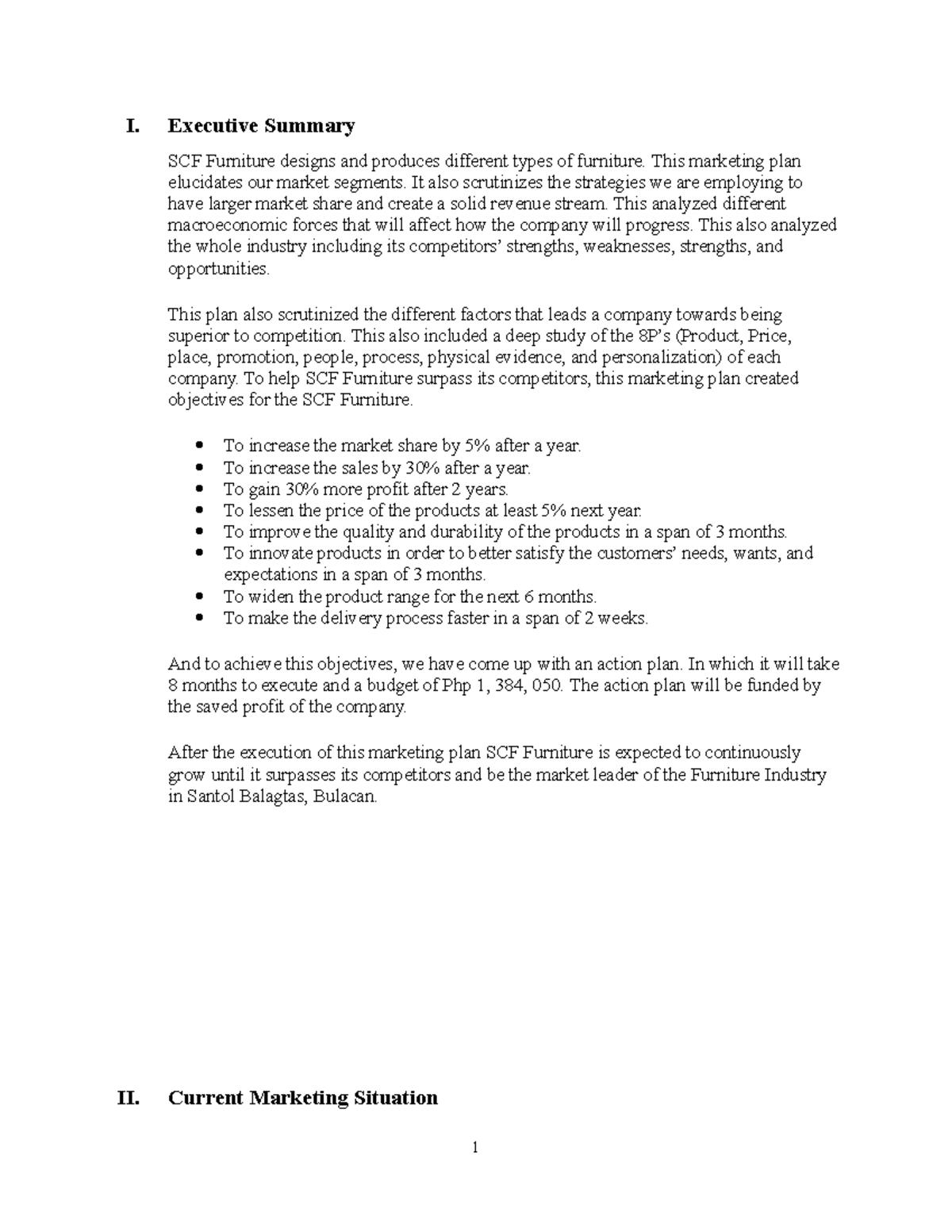 Marketing-Plan - marketing plan - I. Executive Summary SCF Furniture ...