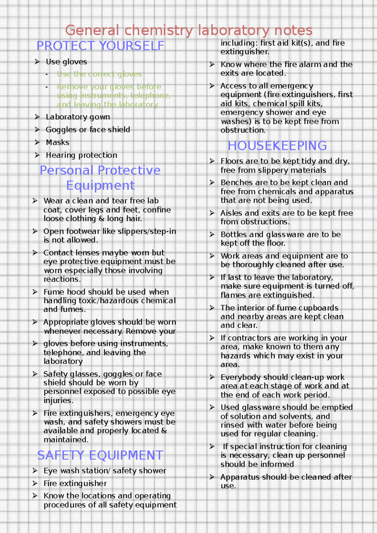 GEN CHEM LAB Notes - PROTECT YOURSELF Use gloves - Use the correct ...
