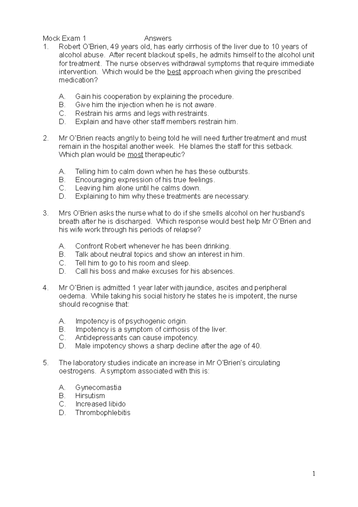 Mock State 1 - practice paper - Mock Exam 1 Answers Robert O’Brien, 49 ...
