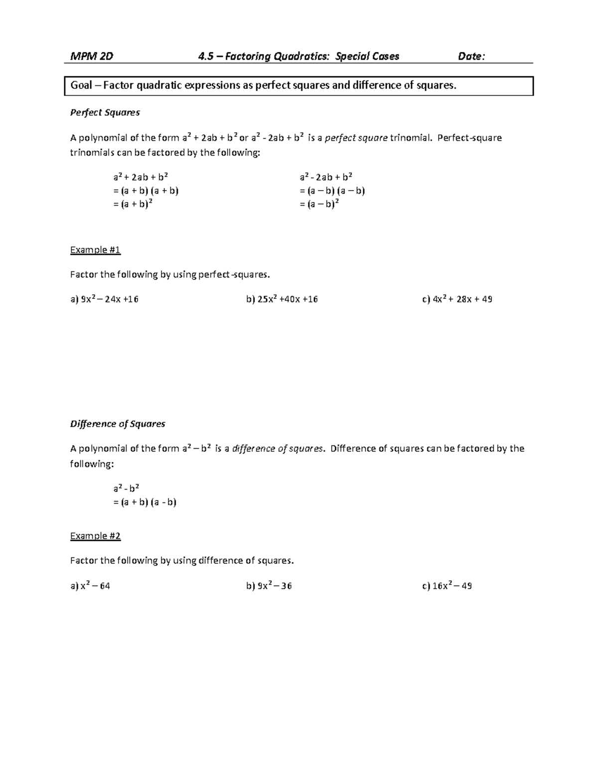 4.5 - Factoring Quadratics Special Cases - MPM 2D 4 – Factoring ...