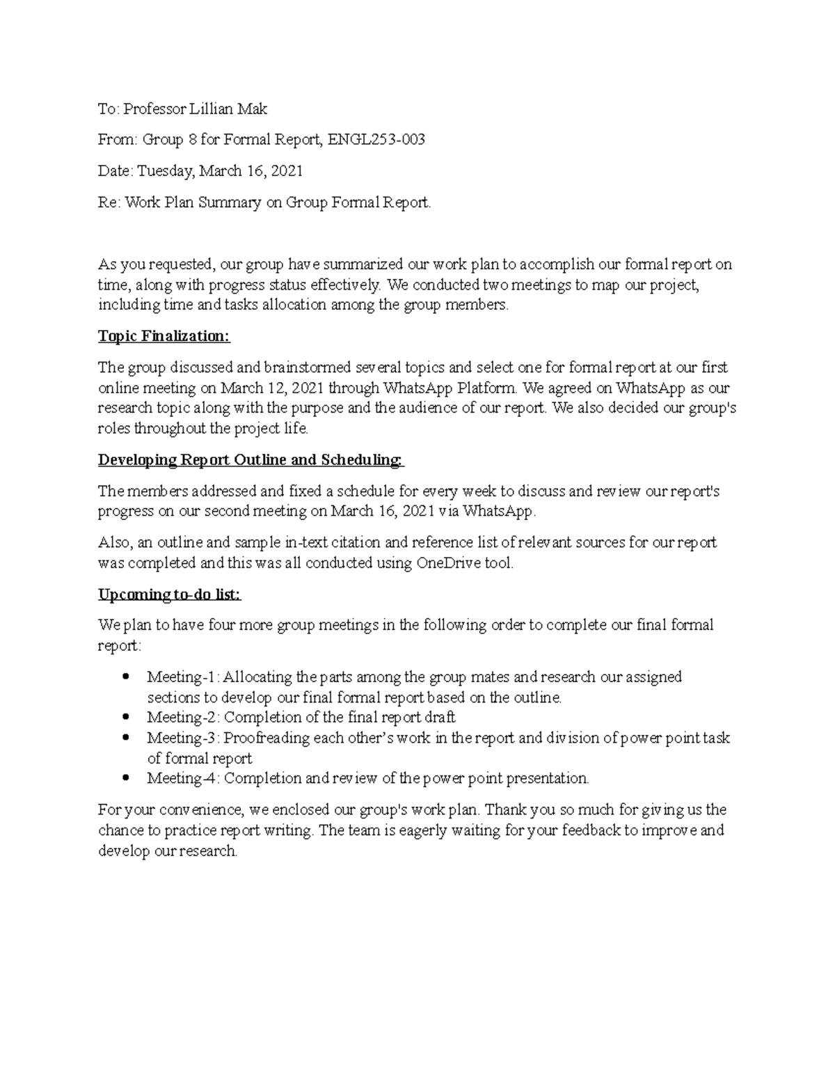Proposal Memo - To: Professor Lillian Mak From: Group 8 for Formal ...