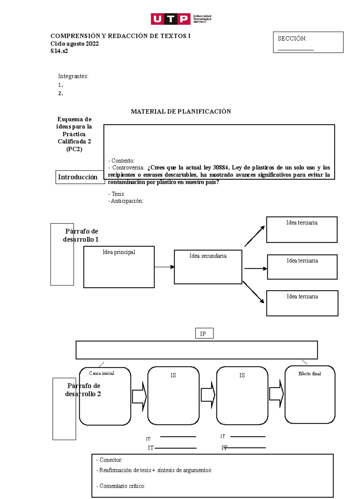 S14. s2 Esquema de redacción PC2 agosto 2022 - COMPRENSIÓN Y REDACCIÓN DE TEXTOS I Ciclo agosto ...