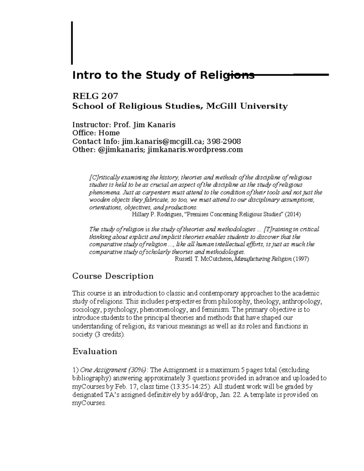 Relg 207 Syllabus - Helpful - Intro to the Study of Religions RELG 207 ...