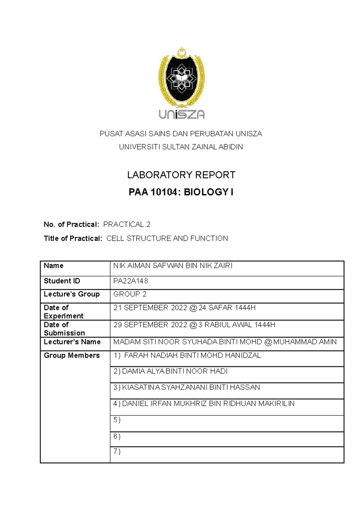 LAB Report Biology 2 - good luck - PUSAT ASASI SAINS DAN PERUBATAN ...