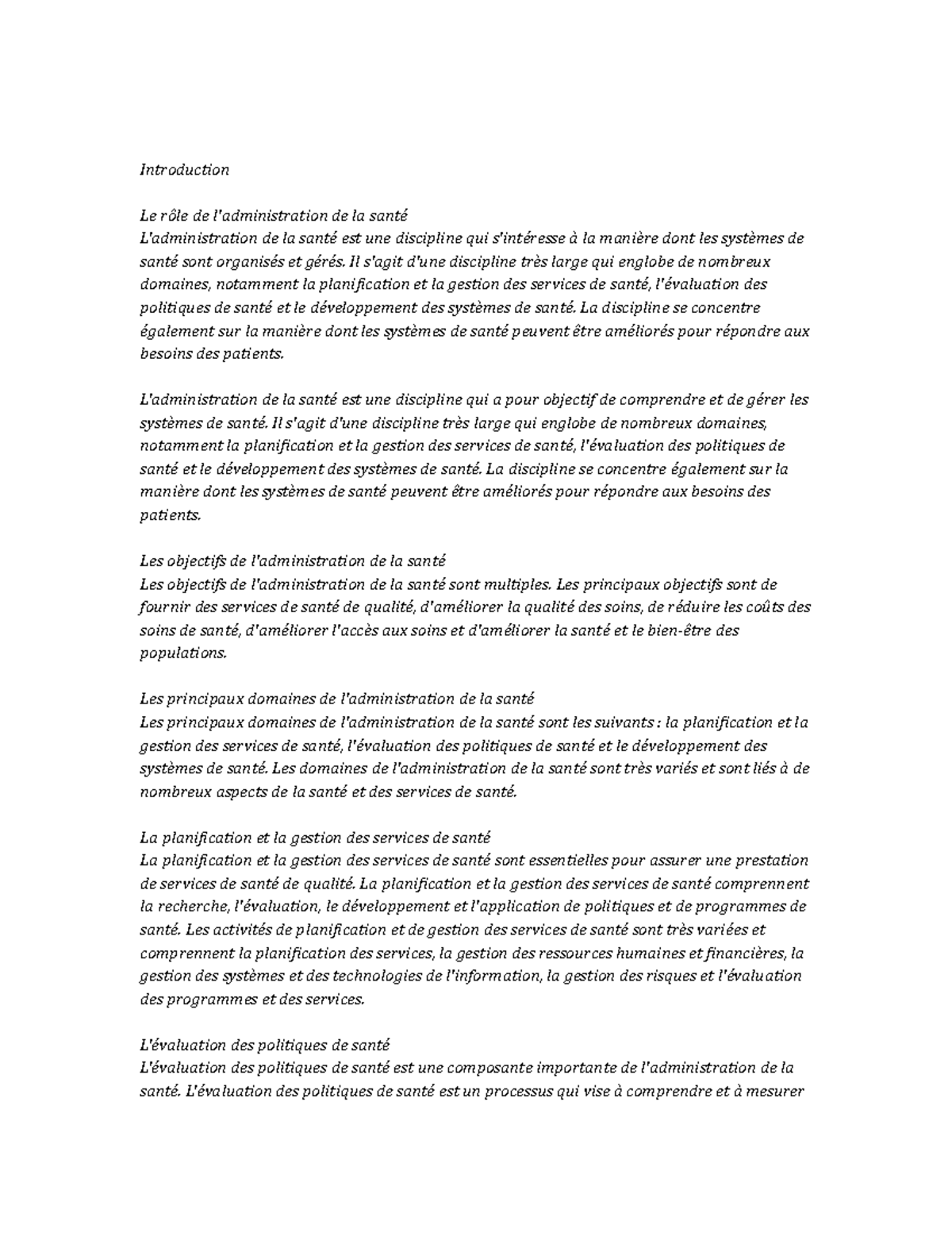 Health Administration Study Notes - Introduction Le rôle de l ...