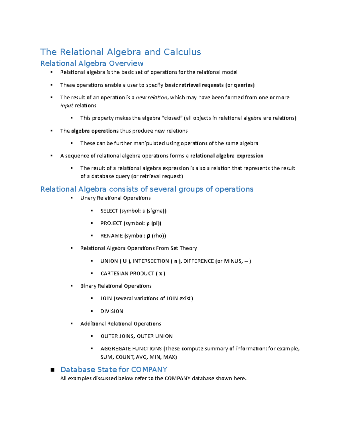 The Relational Algebra And Calculus The Relational Algebra And Calculus Relational Algebra