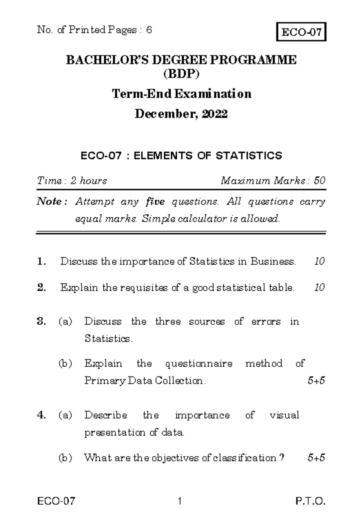 ECO-7 Sample Paper - ECO-07 1 P.T. ECO- BACHELOR’S DEGREE PROGRAMME ...