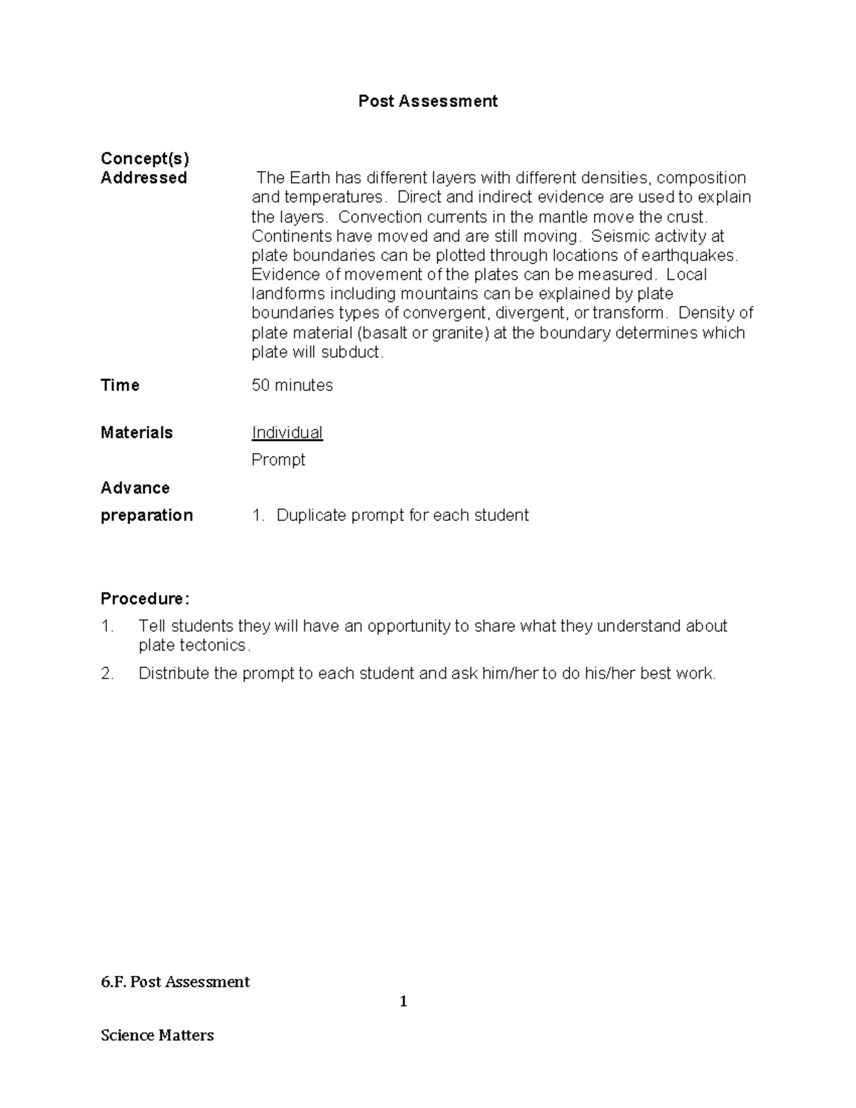 6 - lab - Post Assessment 1 Post Assessment Concept(s) Addressed The ...