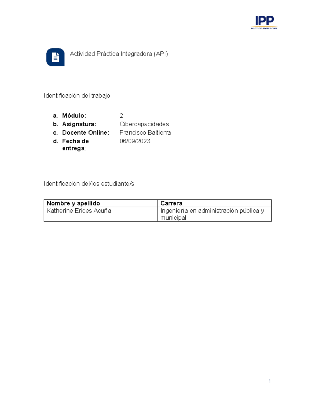 API2 cibercapacidades - Actividad Práctica Integradora (API) Identificación del trabajo a ...