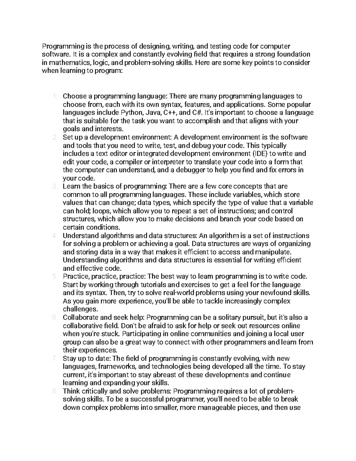 Intro to programming - Programming is the process of designing, writing ...