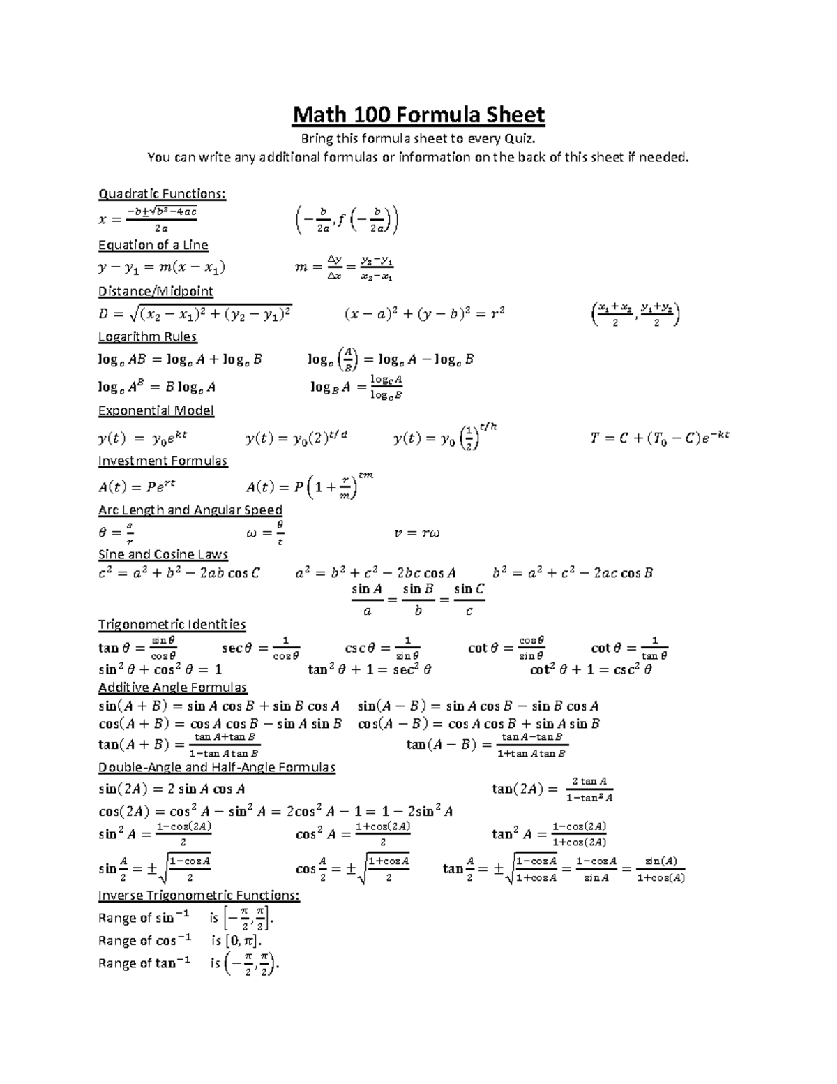 Math 100 Formula Sheet For All Functions Math 100 Formula Sheet Bring