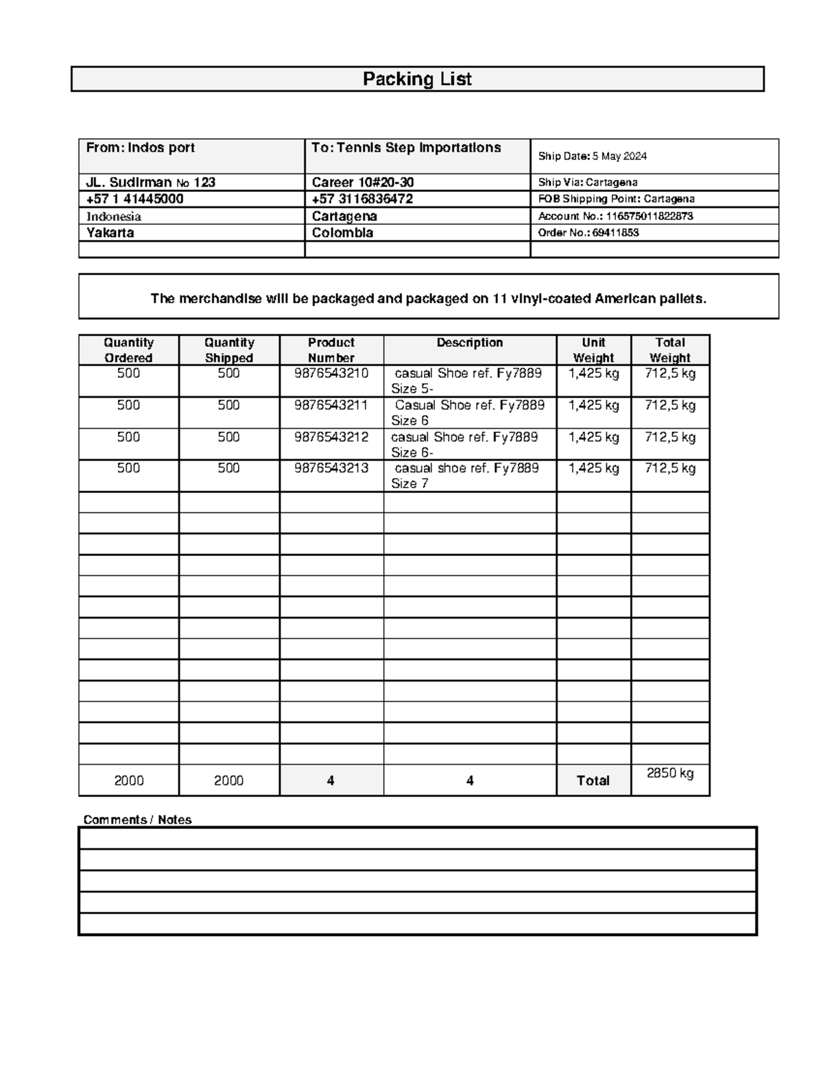 Packing-LIST Importacion - Packing List From: Indos port To: Tennis ...