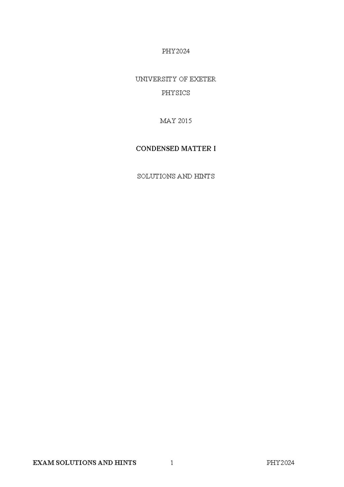 Exam 2015, answers - PHY UNIVERSITY OF EXETER PHYSICS MAY 2015 ...