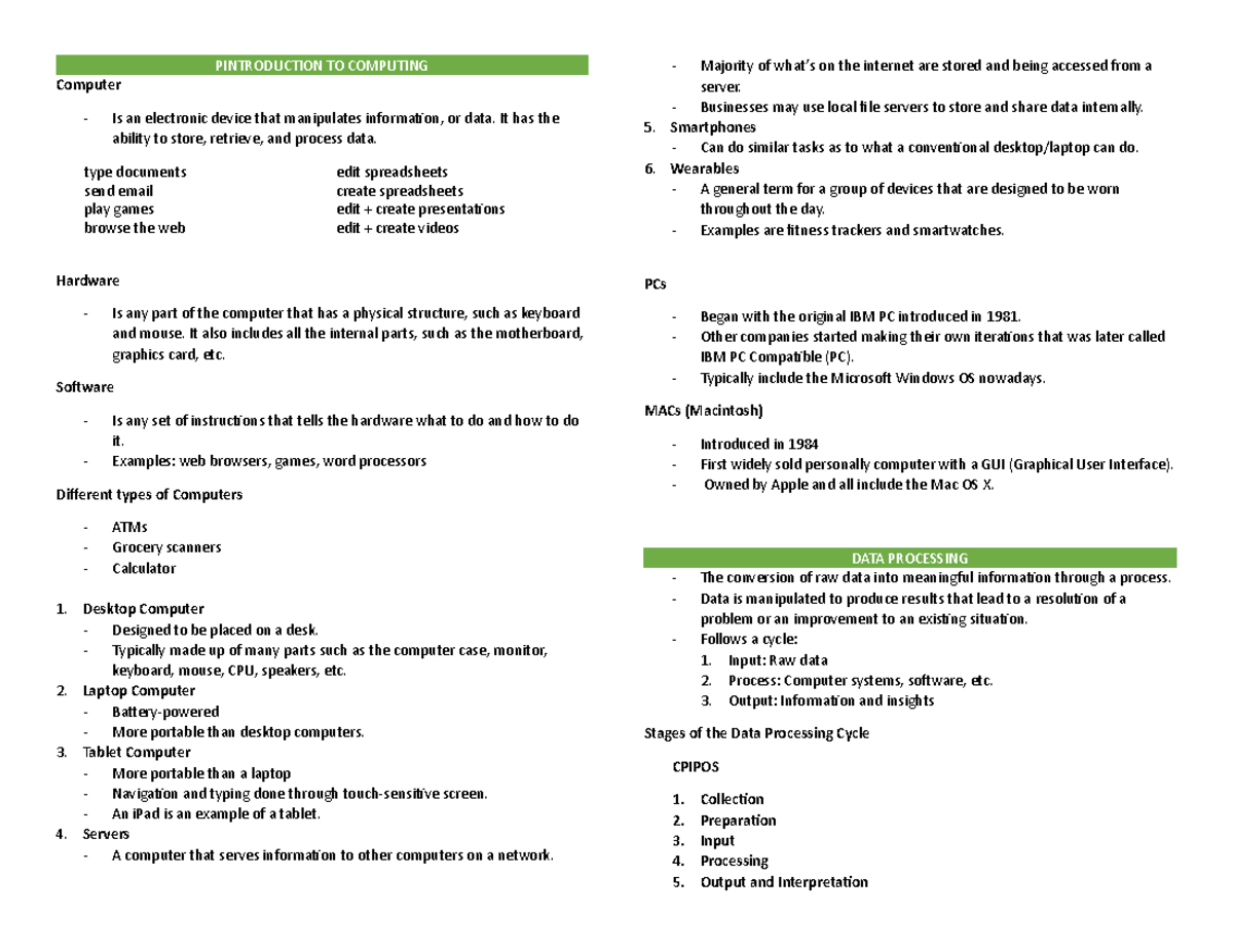 Intro To Computing LEC - REVIEWER - PINTRODUCTION TO COMPUTING Computer ...