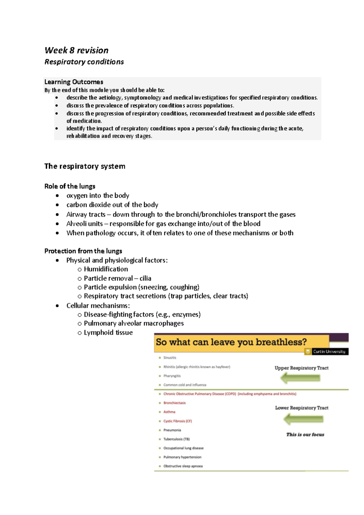Week 8 revision - Week 8 study notes - Week 8 revision Respiratory ...