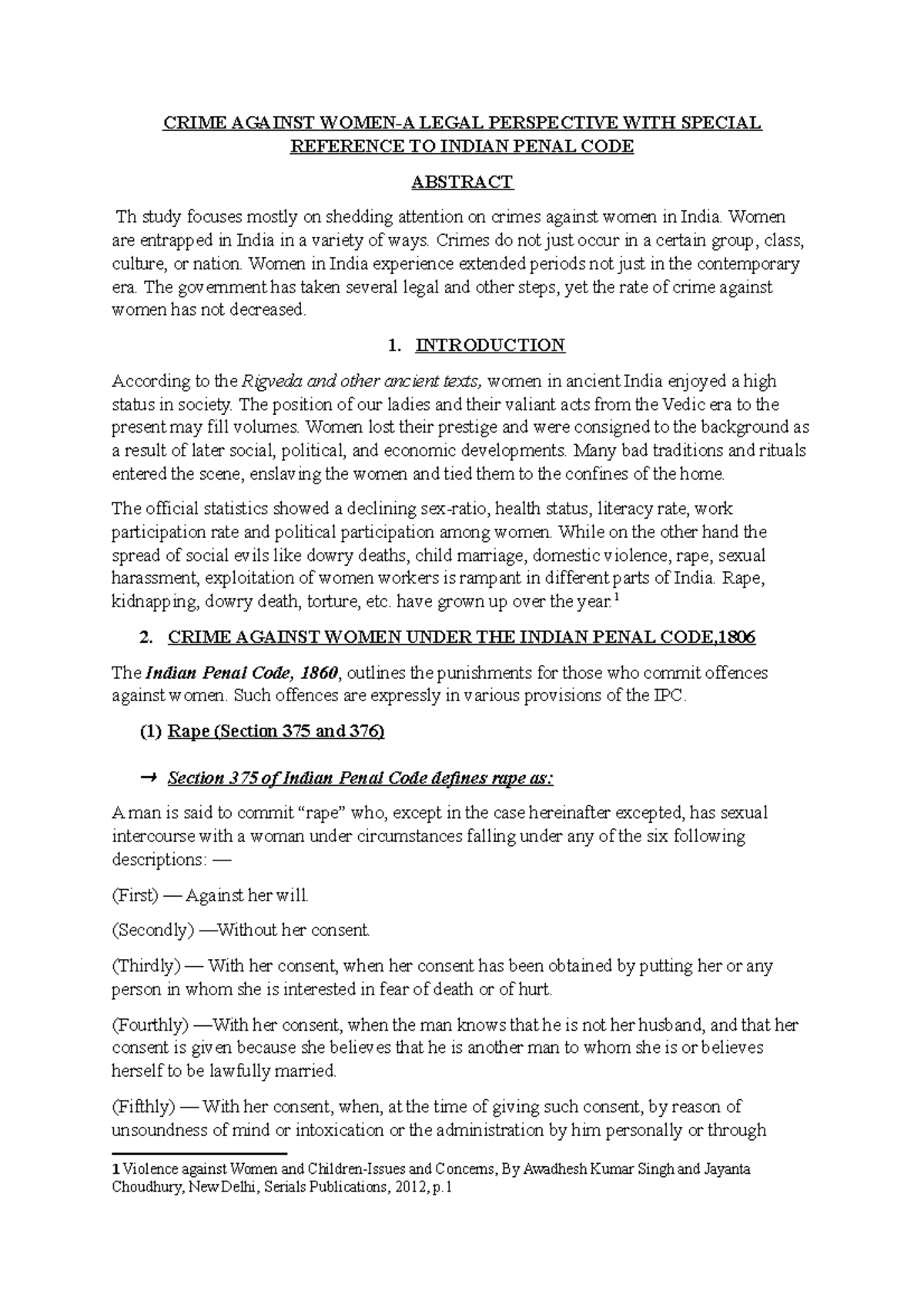 Crime Against Women - CRIME AGAINST WOMEN-A LEGAL PERSPECTIVE WITH ...