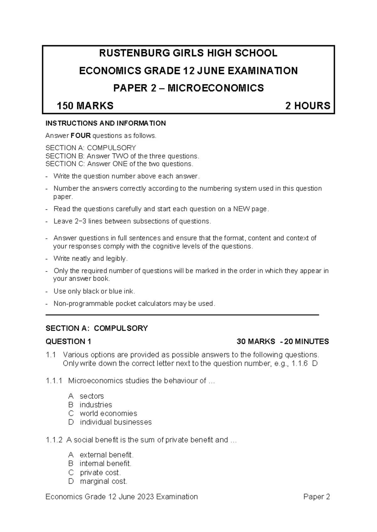 Ecosgr 12june23paper 2 - RUSTENBURG GIRLS HIGH SCHOOL ECONOMICS GRADE ...