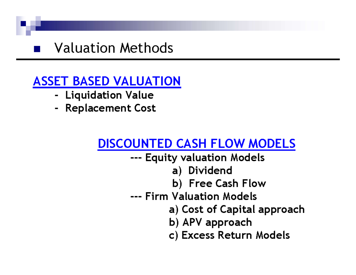 Equity Analysis 02 - Lecture notes 2 - Valuation Methods ASSET BASED ...
